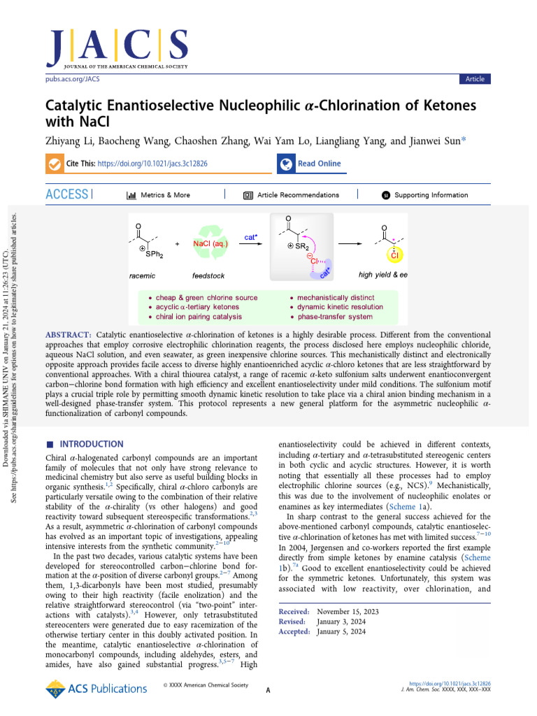 li et al 2024 catalytic enantioselective nucleophilic α chlorination of ketones with nacl | PDF ...