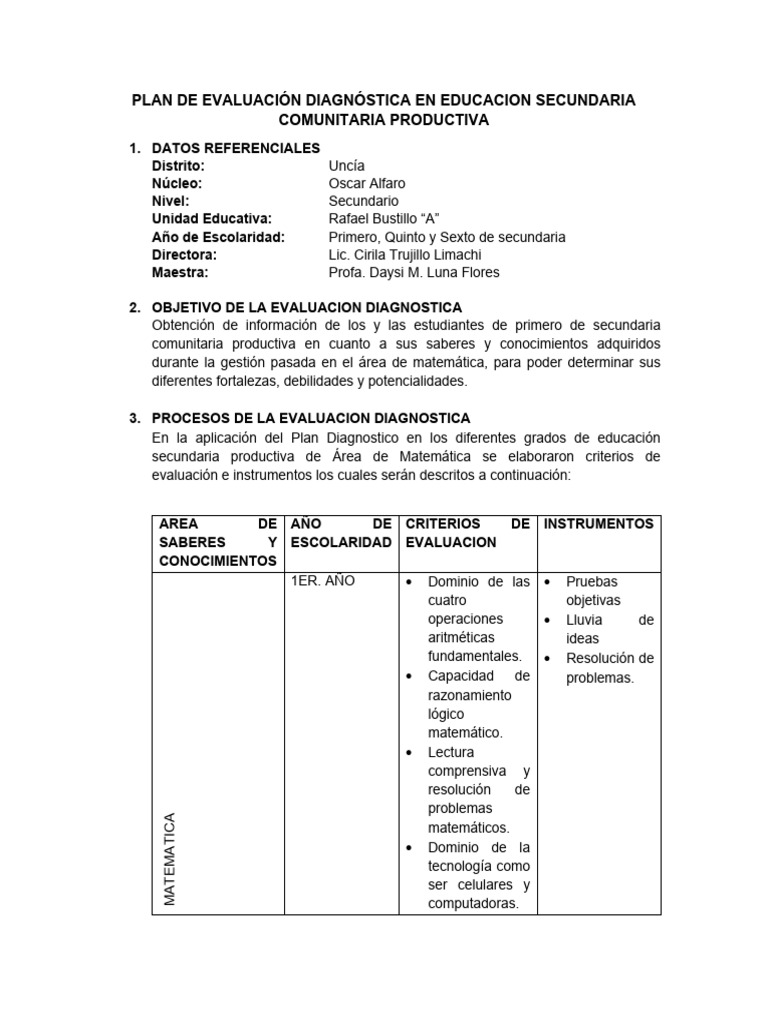 Plan de Evaluación Diagnóstica en Educacion Secundaria Comunitaria Productiva - para Combinar ...