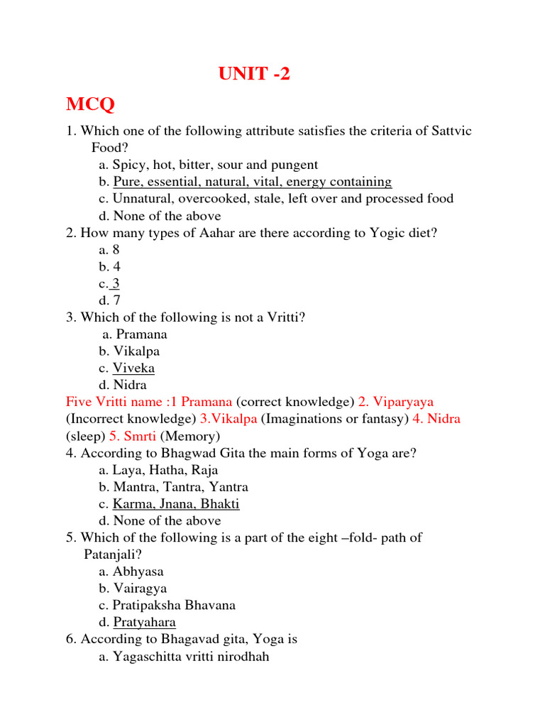 UNIT 2 MCQ (Aahar and Gita) | Download Free PDF | Indology | Eastern Philosophy