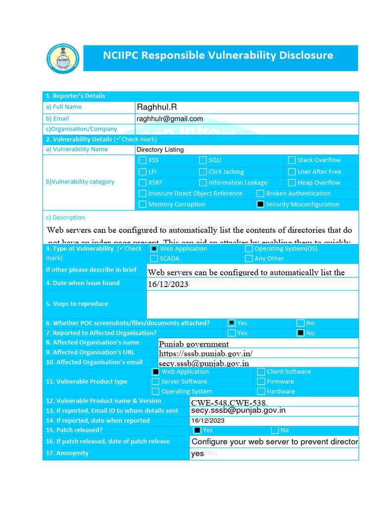 Vulnerability Disclosure Form | PDF | World Wide Web | Internet & Web