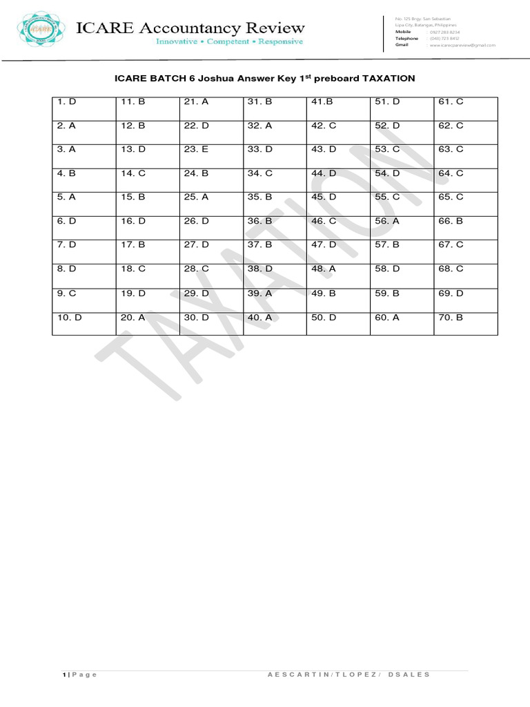 TAXATION Answer Key 1st Preboard | PDF
