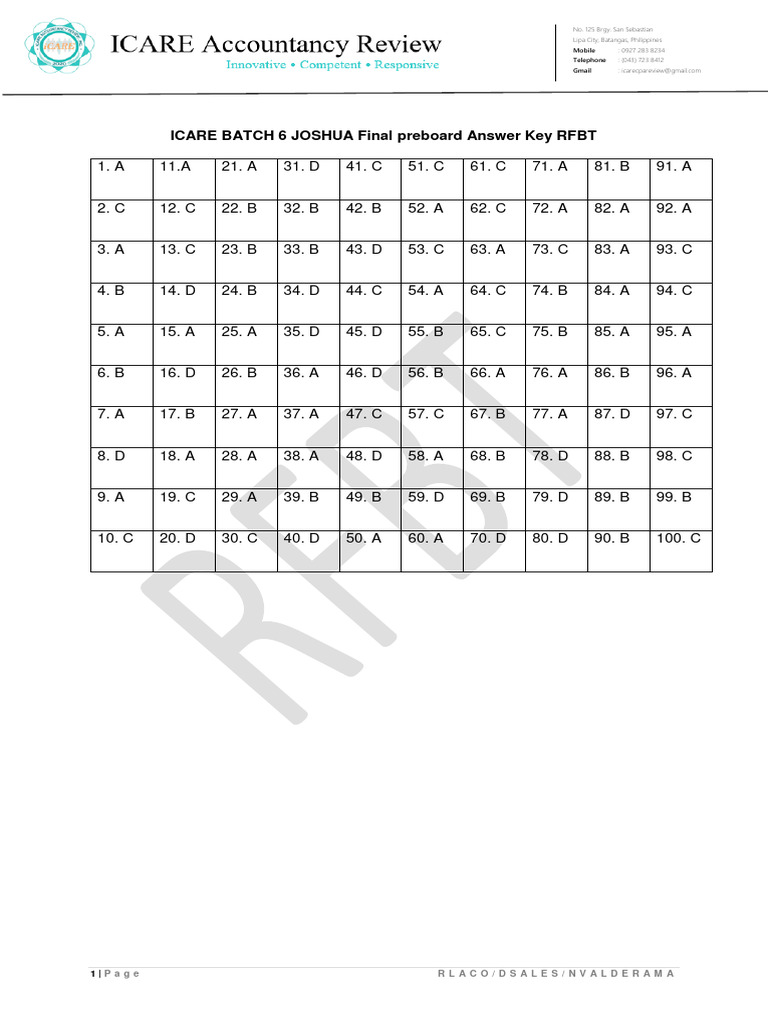RFBT Answer Key Final Preboard | PDF