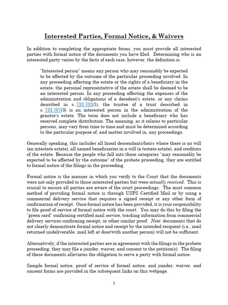 Interested Parties Formal Notice and Waivers Info | PDF | Intestacy ...