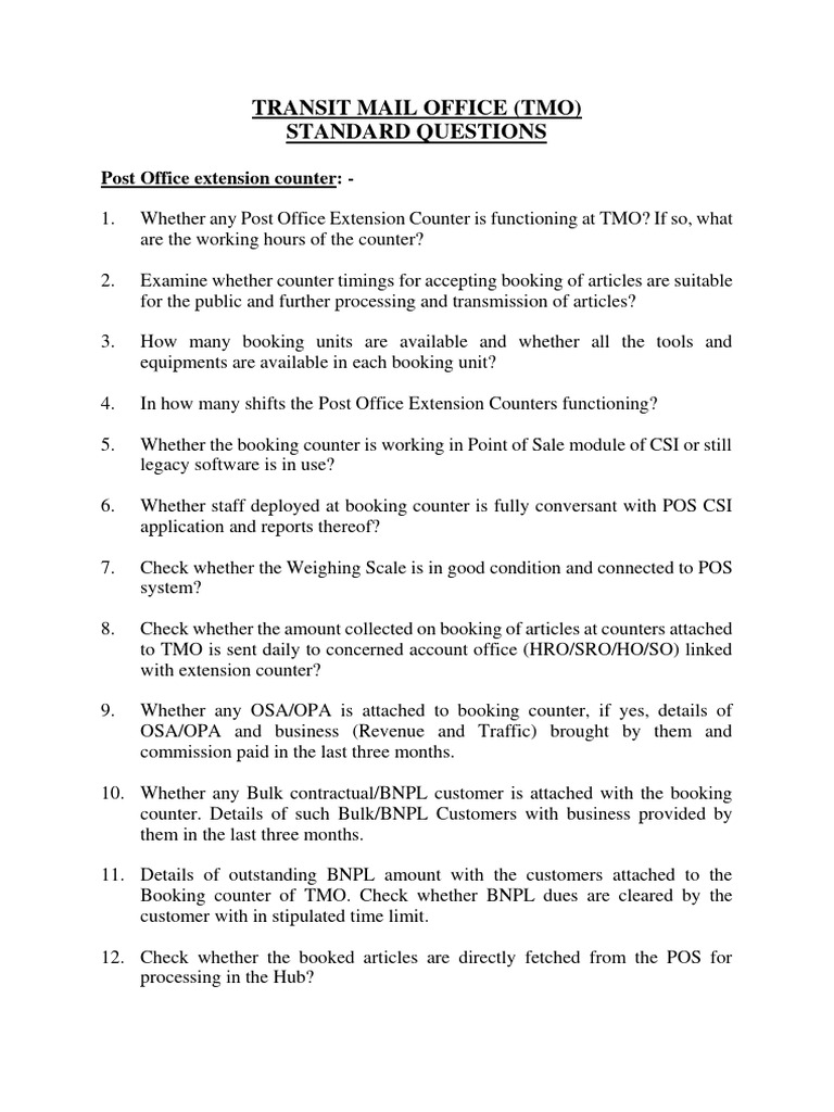 Final TMO Inspection Questionnaire | PDF | Mail | Point Of Sale