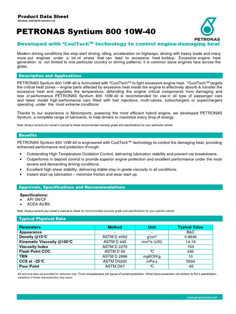 PETRONAS Syntium 800 10W-40 - Final - v2 | PDF | Motor Oil | Engines