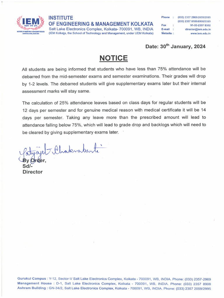 Notice For Student Attendance - 30.01.2024 | PDF
