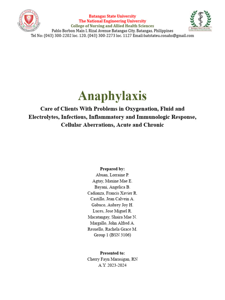 G1 - Final Case Study - Anaphylaxis - BSN 3106 | PDF | Allergy | Food ...