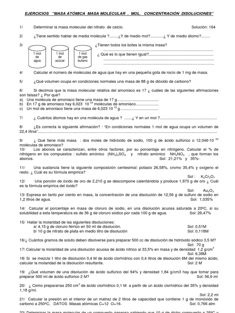 Hoja Ejercicios Mol | PDF | Mole (Unidad) | Amoníaco