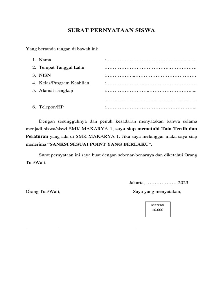 Surat Pernyataan Siswa Baru 2023 2024 | PDF