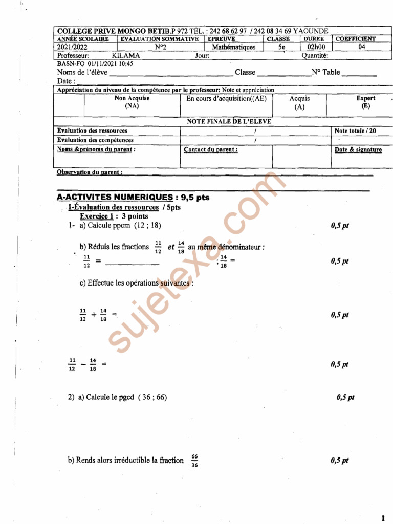 Mathã Matiques - Collã Ge Privã Mongo Beti - Annã e Scolaire 2021 ...