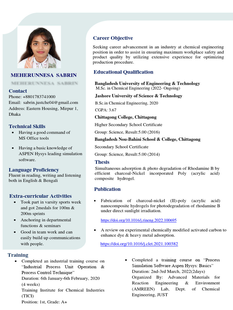 Resume of Meherunnesa Sabrin | PDF | Engineering | Simulation