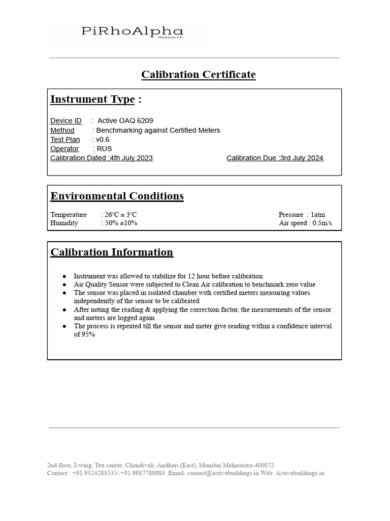 Active IAQ 6209 Calibration Certificate | PDF | Calibration | Metrology
