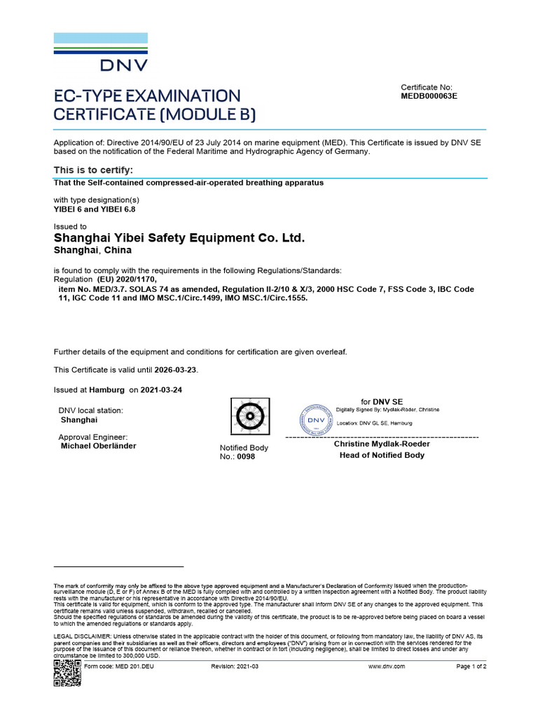 YIBEI SCBA MED B Certificate | PDF | Justice | Crime & Violence