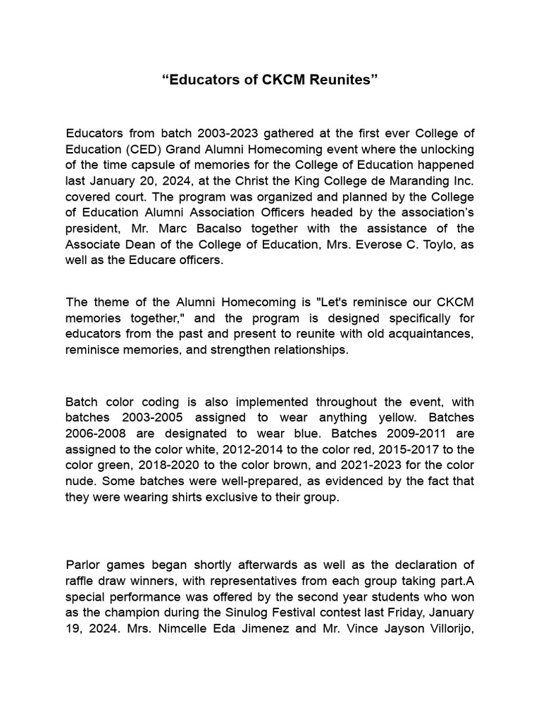 CKCM Alumni Educators Reunite | PDF | Lifestyle