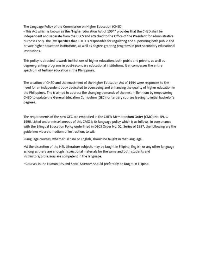 CHED Language Policy Overview | PDF | Social Science | Language Arts ...