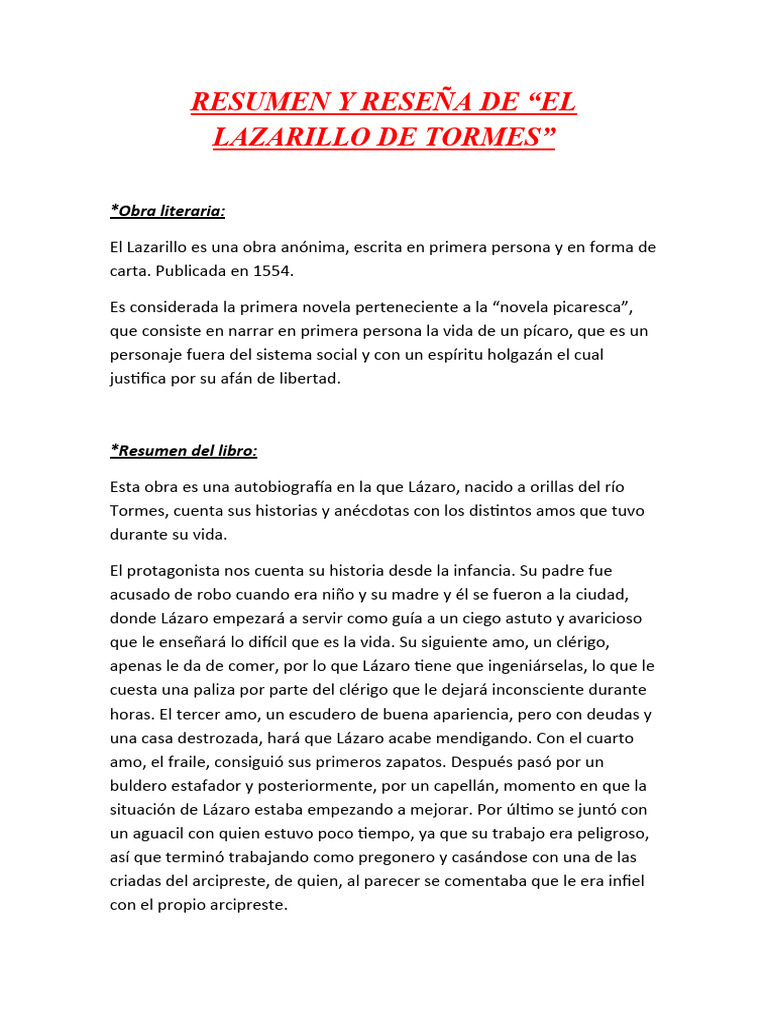 Resumen y análisis de Lazarillo de Tormes | PDF