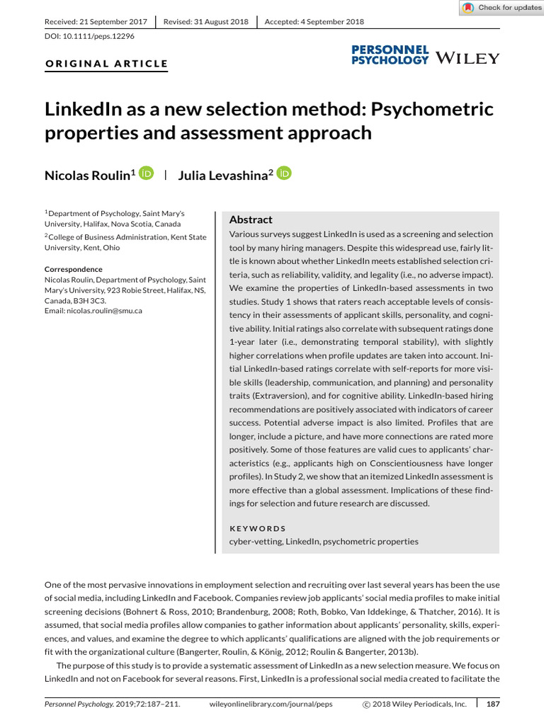 Personnel Psychology - 2018 - Roulin - LinkedIn As A New Selection Method Psychometric ...