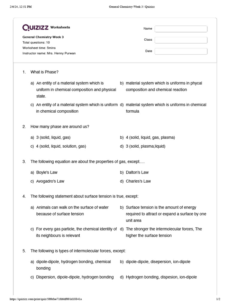 General Chemistry Quiz: Week 3 | PDF | Gases | Intermolecular Force