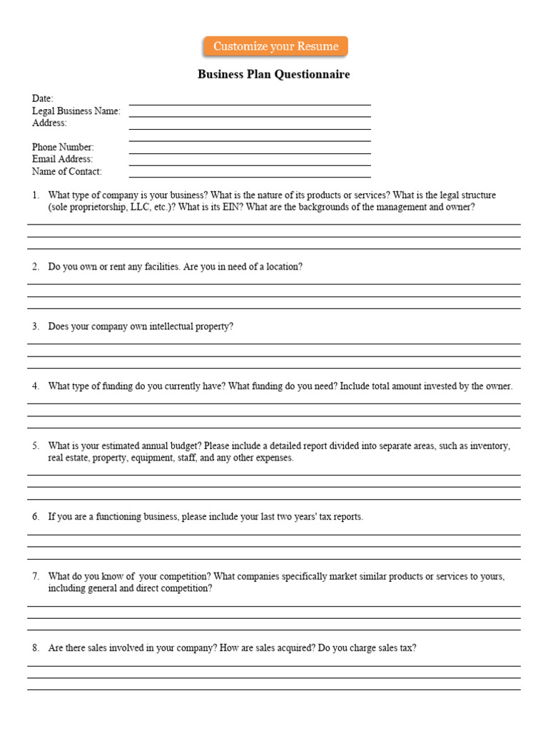 Business Plan Questionnaire | Download Free PDF | Sales | Taxes