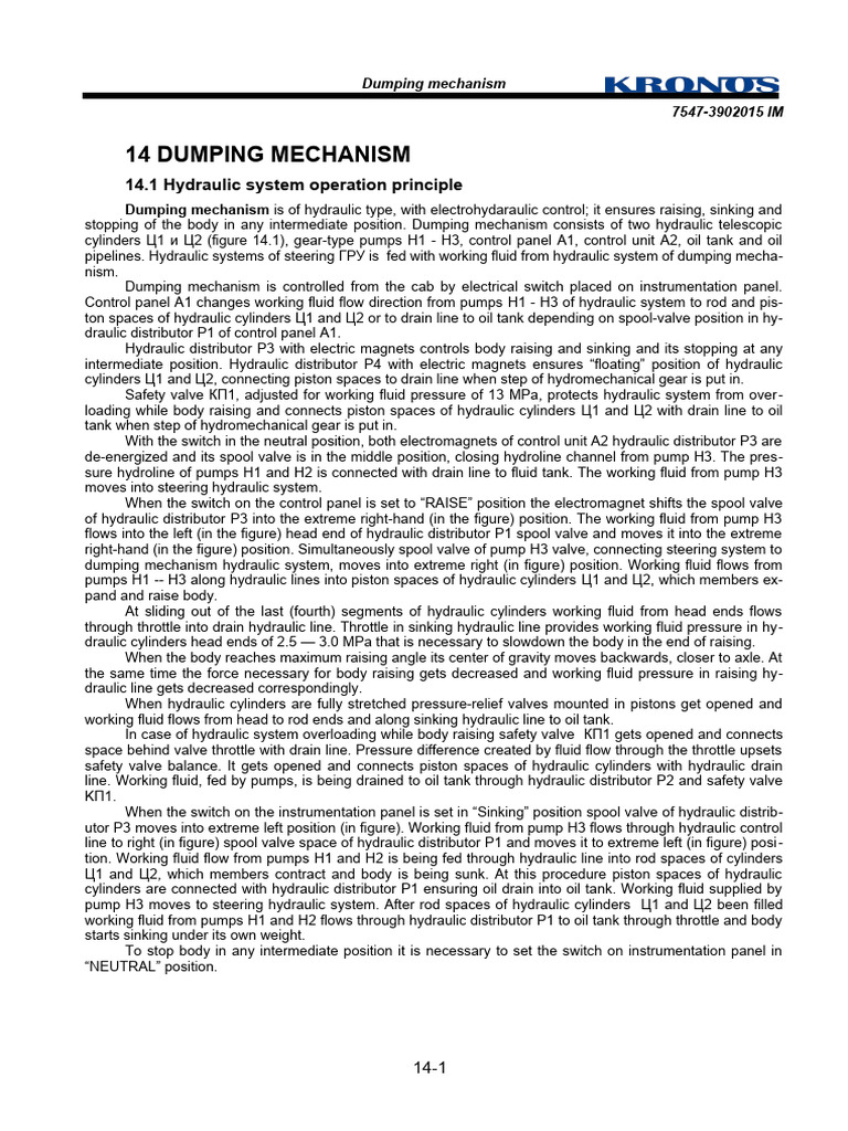 14 Dumping Mechanism: 14.1 Hydraulic System Operation Principle | PDF ...