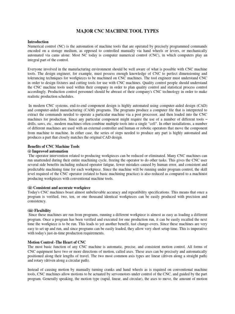 Major CNC Machine Tool Types | PDF | Numerical Control | Tools