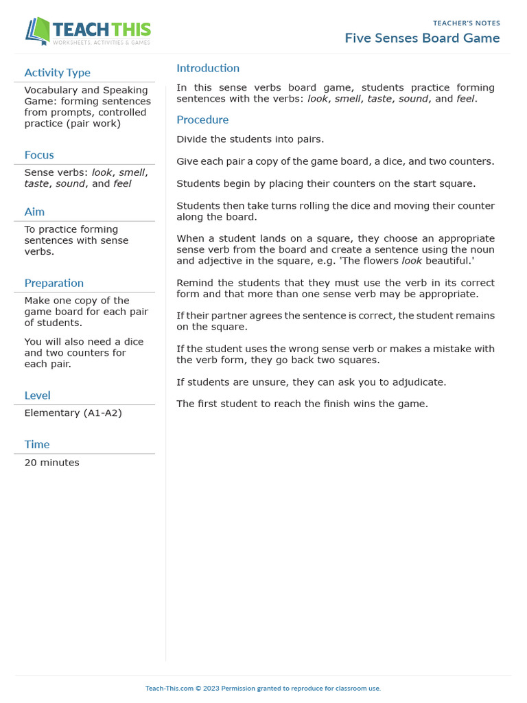 Five Senses Board Game | PDF | Verb | Morphology