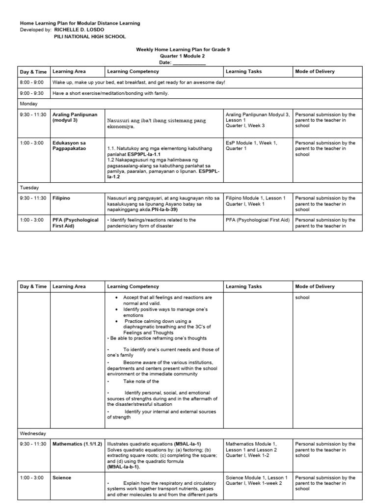 WEEKLY HOME LEARNING PLANS (2nd Distribution) | Download Free PDF | Quadratic Equation | Psychology