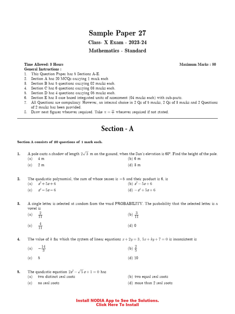 MA Sample Paper Class 10 | PDF | Quadratic Equation | Numbers