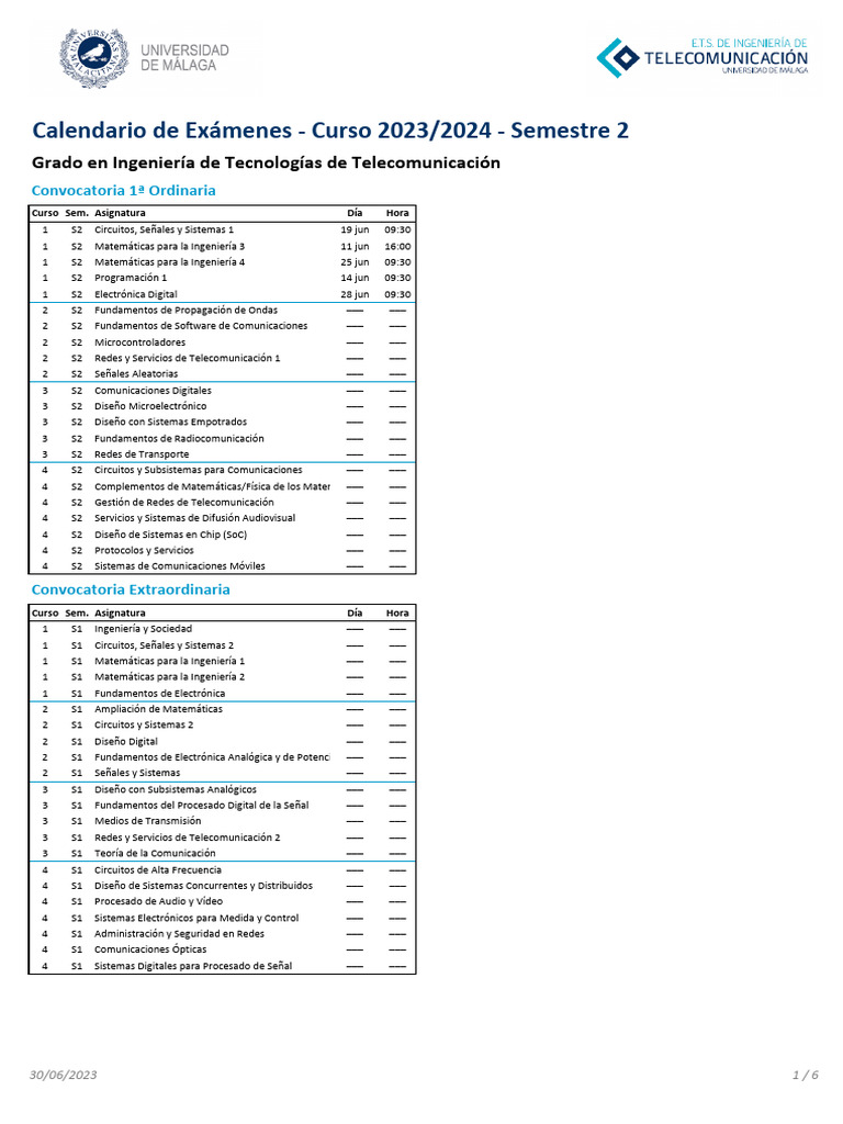 Examenes_ETSIT_S2_ord1-ext_2023-2024_Plan_2023_v4 | PDF | Electrónica ...