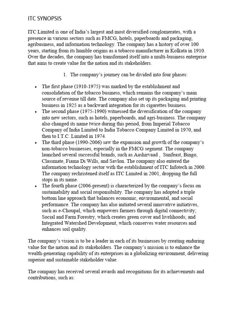 Synopsis of Itc | PDF | Economies | Business Economics
