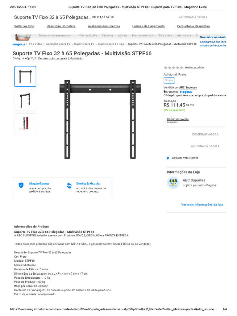 Suporte TV Fixo 32 À 65 Polegadas - Multivisão STPF66 - Suporte para TV ...