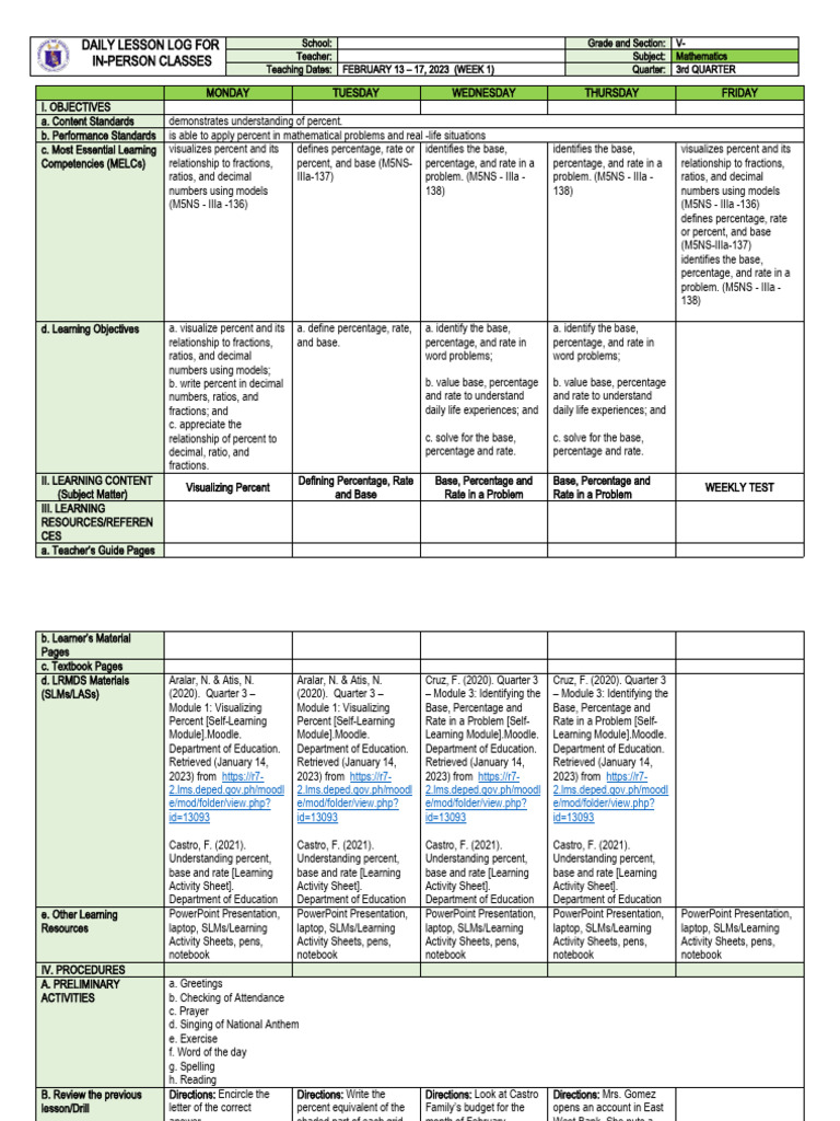 G5 Q3W1 DLL MATH MELCs | PDF | Percentage | Numbers