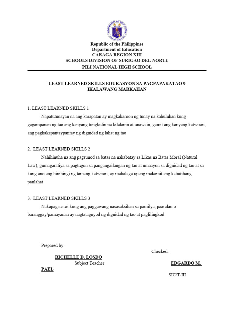 Least Learned Competency English Esp Aralpan 2nd Quarter | PDF