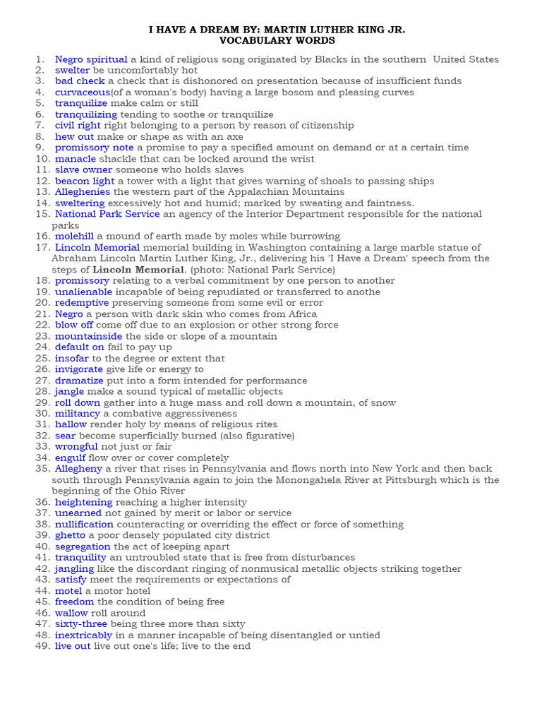 Vocabulary from "I Have a Dream" Speech | PDF | The United States ...