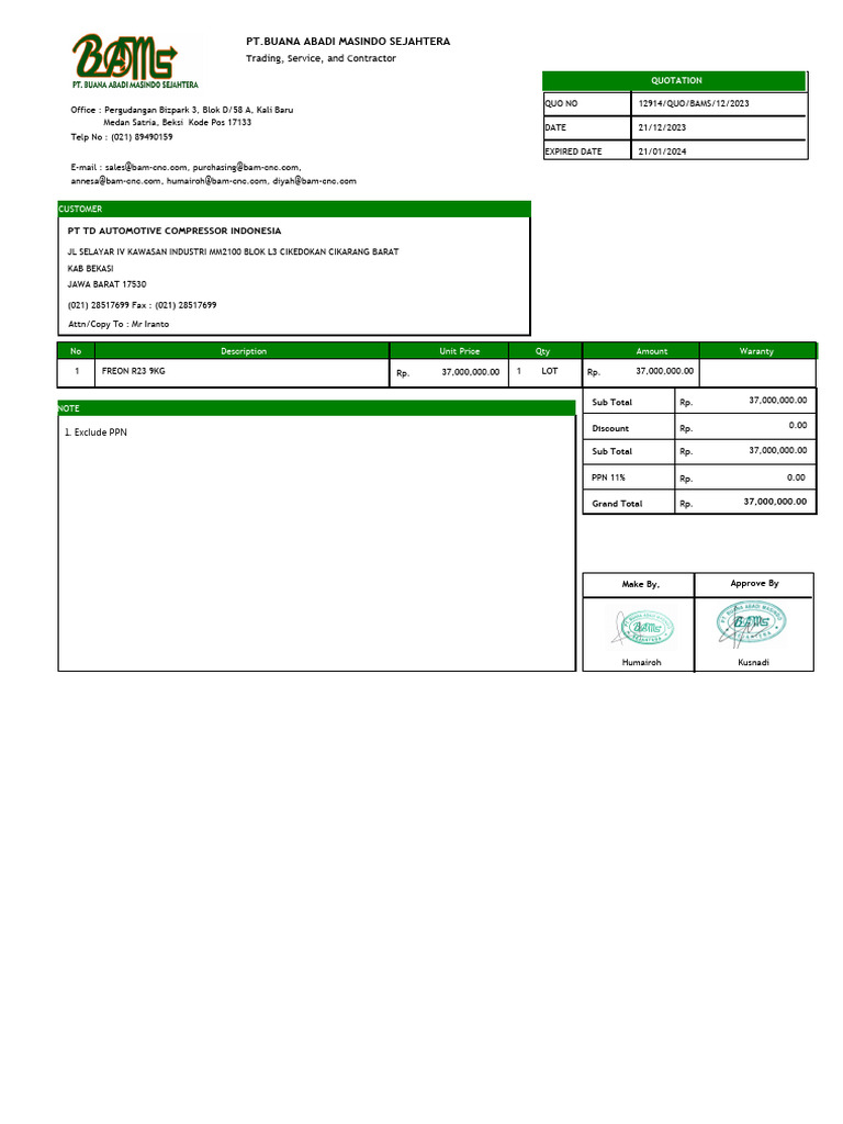 Freon R23 Quotation for PT Buana Abadi | PDF