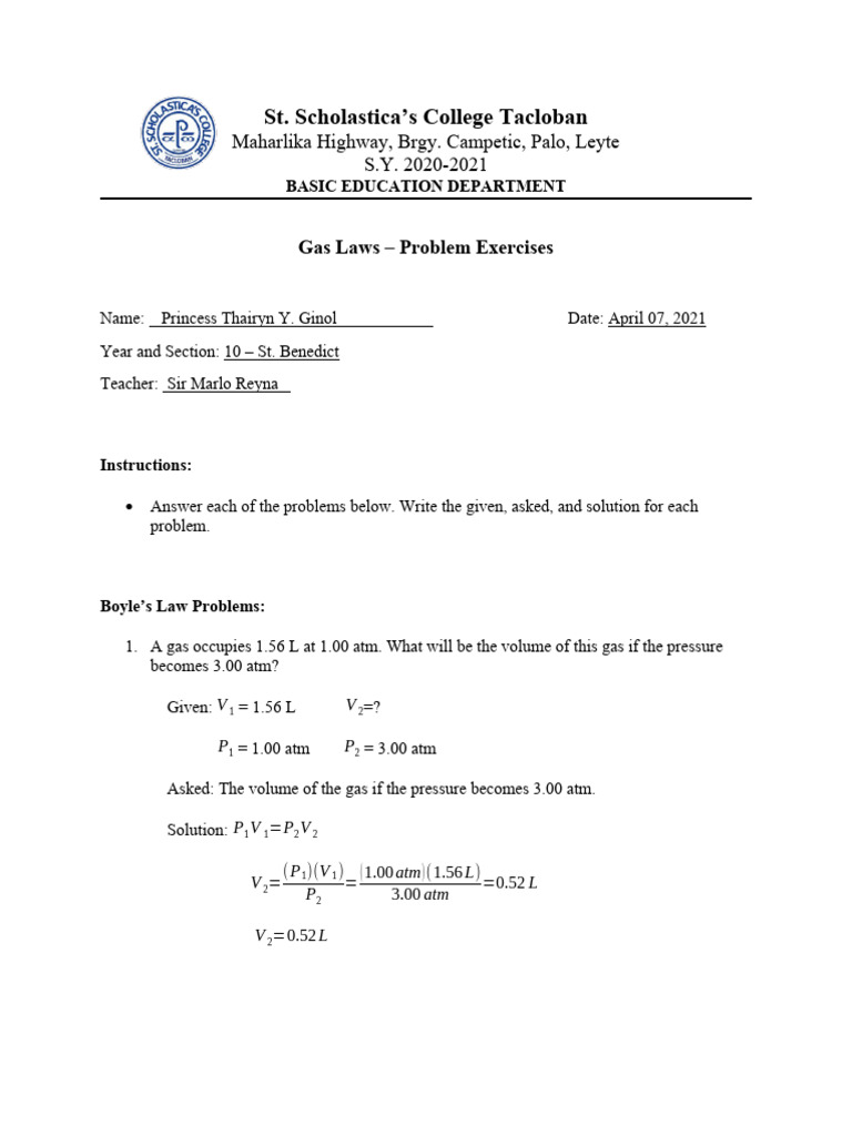 Gas Laws Problem Exercises Guide | PDF | Gases | Celsius