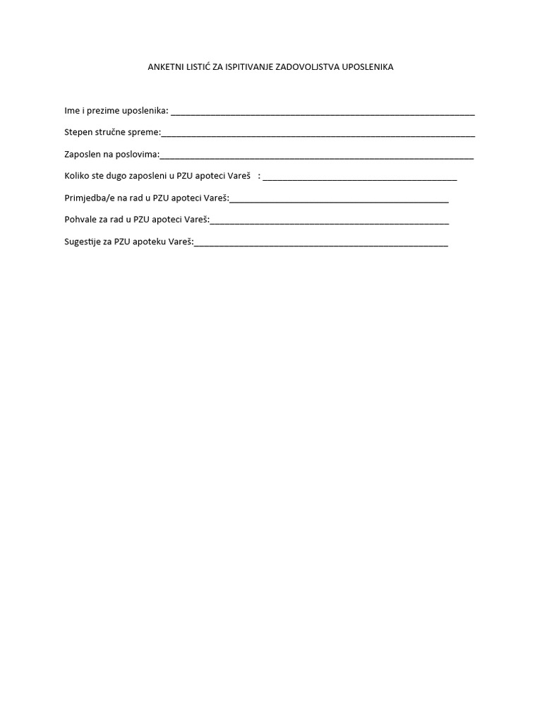 Anketni Listić Za Ispitivanje Zadovoljstva Uposlenika | PDF