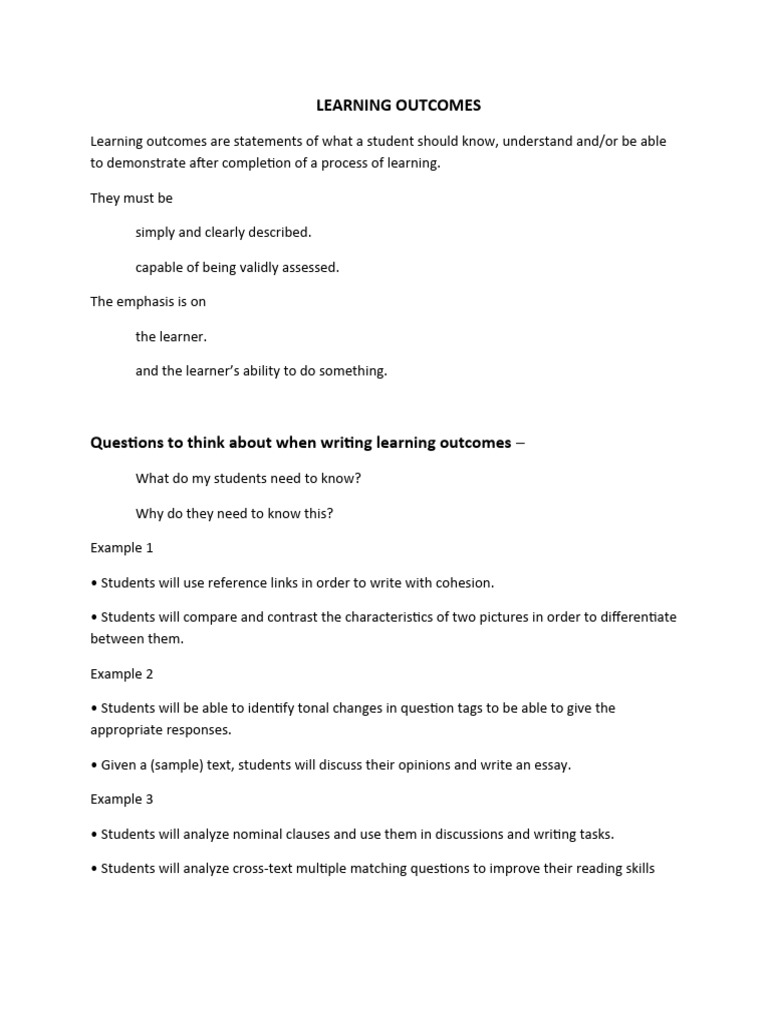 Learning Outcomes | PDF | Learning | Thought