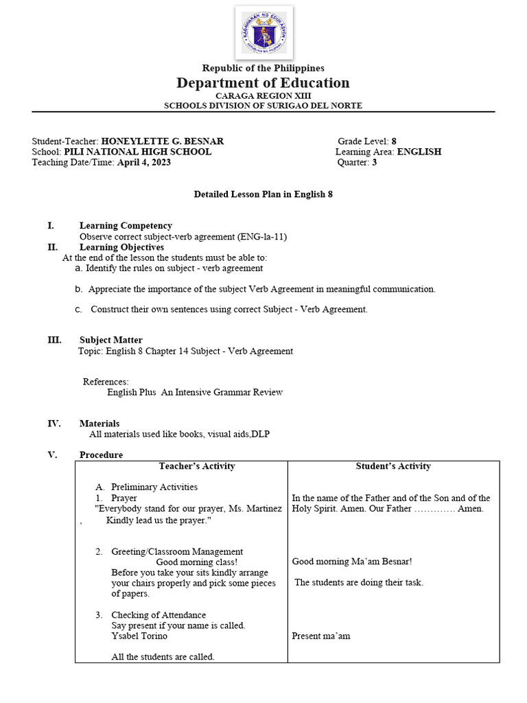 English 8 DLP | PDF | Subject (Grammar) | Grammatical Number