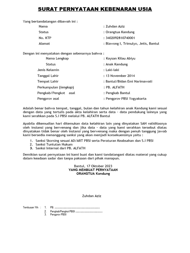 Contoh Kosong Surat Pernyataan Kebenaran Usia Atlet | PDF