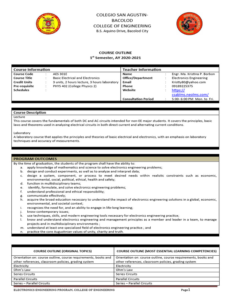 AES 301E Basic Electrical and Electronics 2020 2021 | PDF | Engineering ...