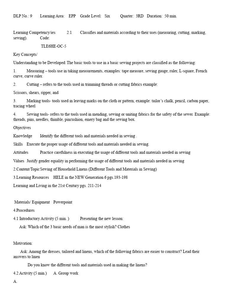 Lesson Plan in Tle | PDF | Sewing | Scissors