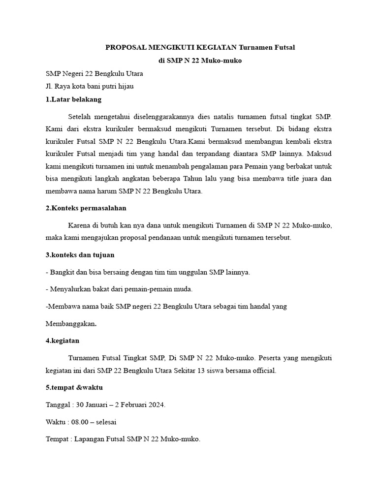 PROPOSAL MENGIKUTI KEGIATAN Turnamen Futsal | PDF