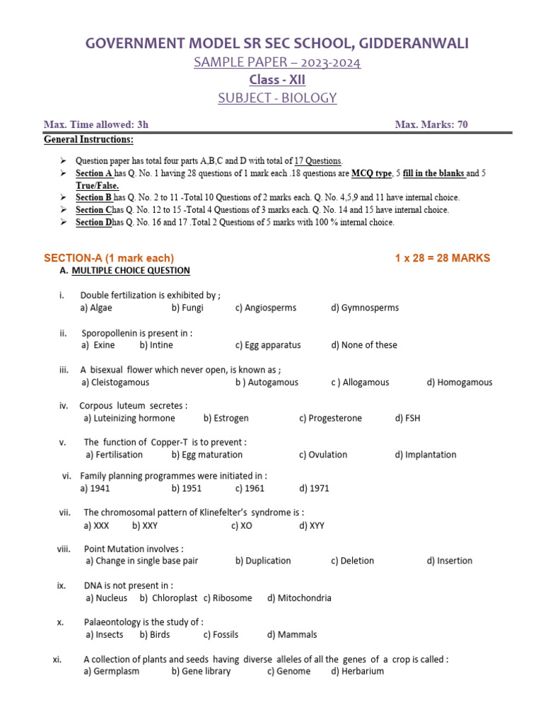 12th Bio Sample Paper Jan 2024 | PDF | Gene | Plasmodium