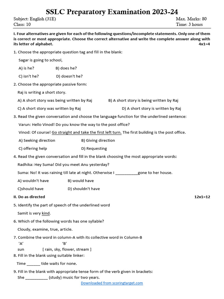 SSLC English Preparatory Exam Question Paper With Key Answer 2023 24 ...