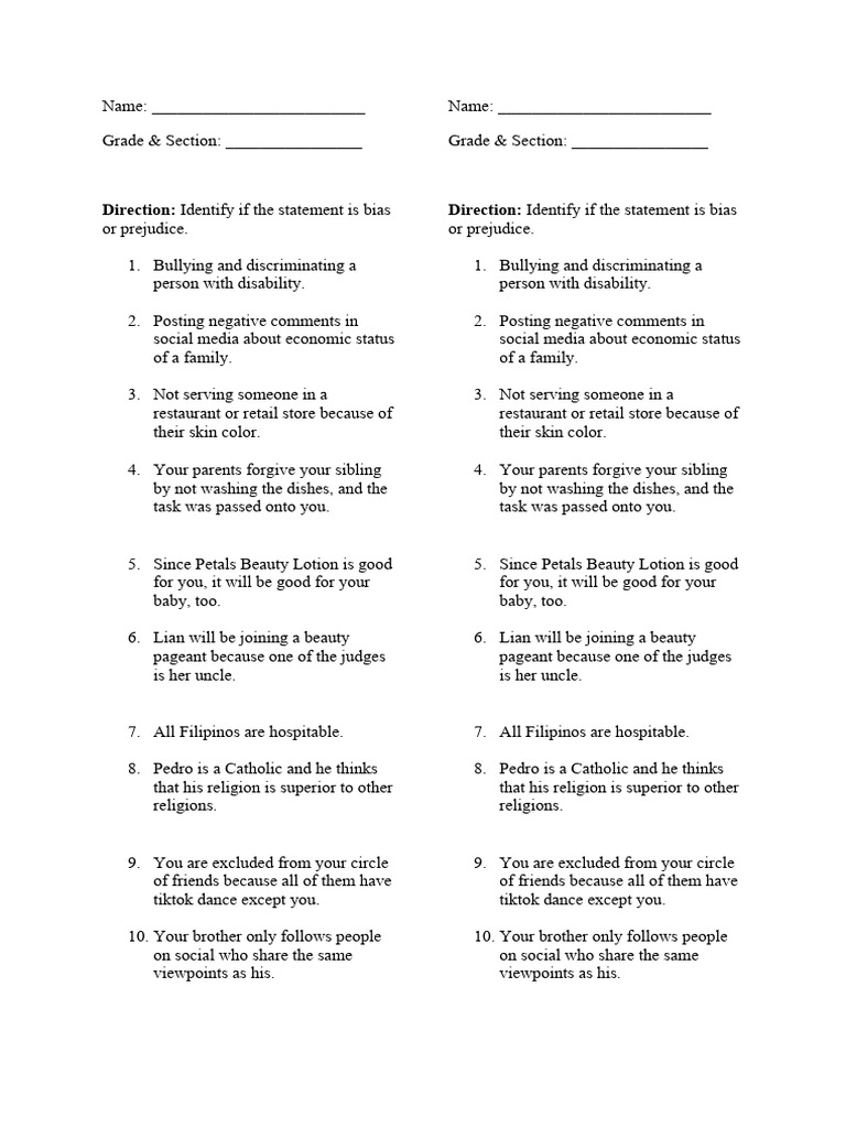 Bias and Prejudice Quiz | PDF | Prejudices | Group Processes