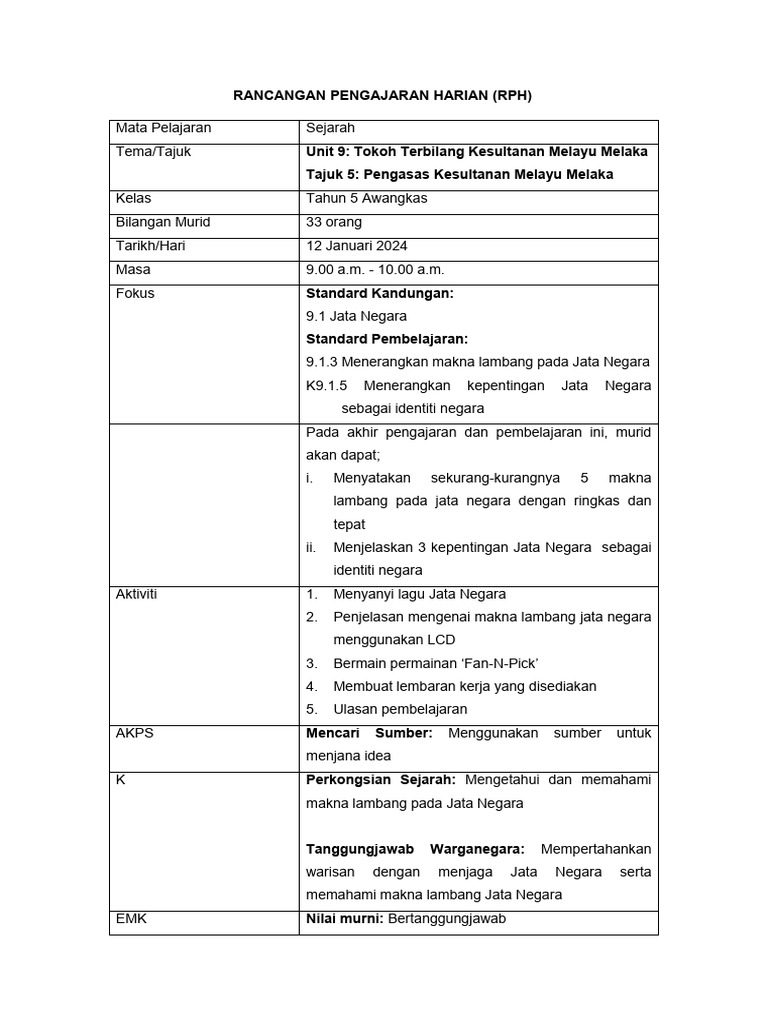 RPH Sejarah Tahun 5 (Minggu 2) | PDF