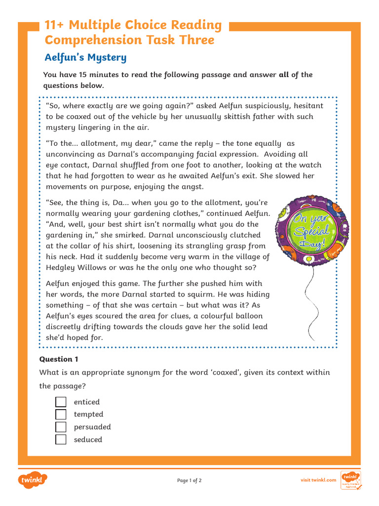 Task Three 11+ Multiple Choice Reading Comprehension - Aelfun's Mystery ...