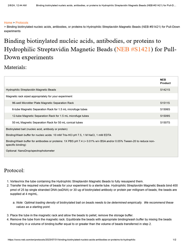 Hydrophilic Streptavidin Magnetic Beads (NEB #S1421) For Pull-Down ...
