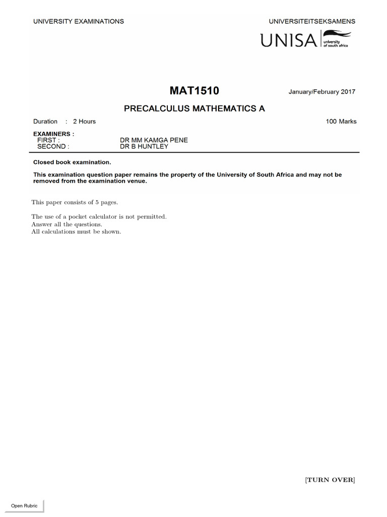 MAT1510 JanFeb 2017 E | PDF | Mathematical Analysis | Mathematical Concepts